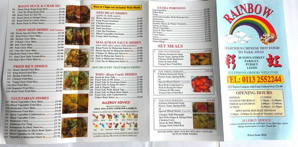 Menu at Rainbow fast food, Pudsey, 48 Town St