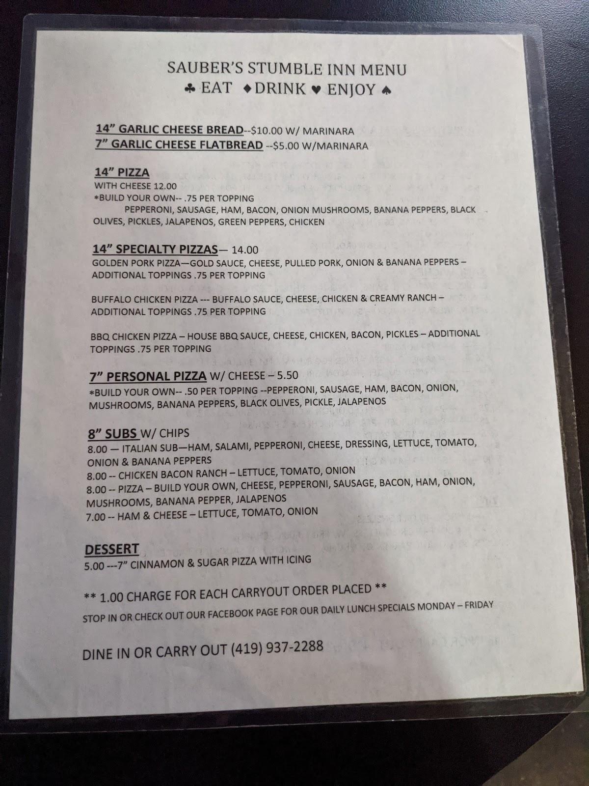 Menu at Sauber's Stumble Inn pub & bar, Bascom