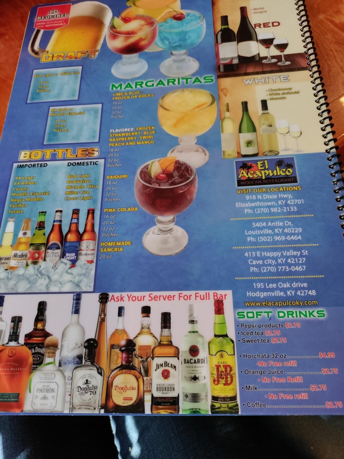 Menu at El Acapulco restaurant, Elizabethtown, 918 N Dixie Hwy