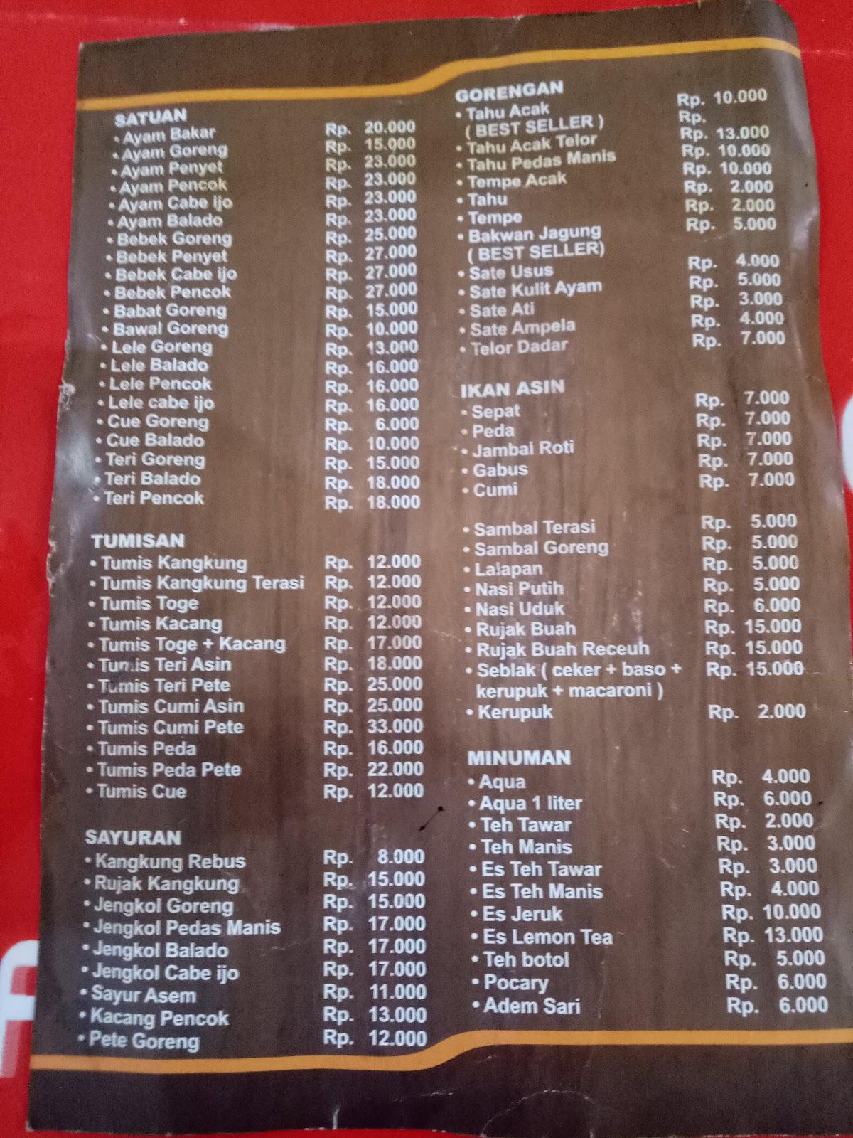 Menu at Lalapan Bu Rosse restaurant, West Jakarta