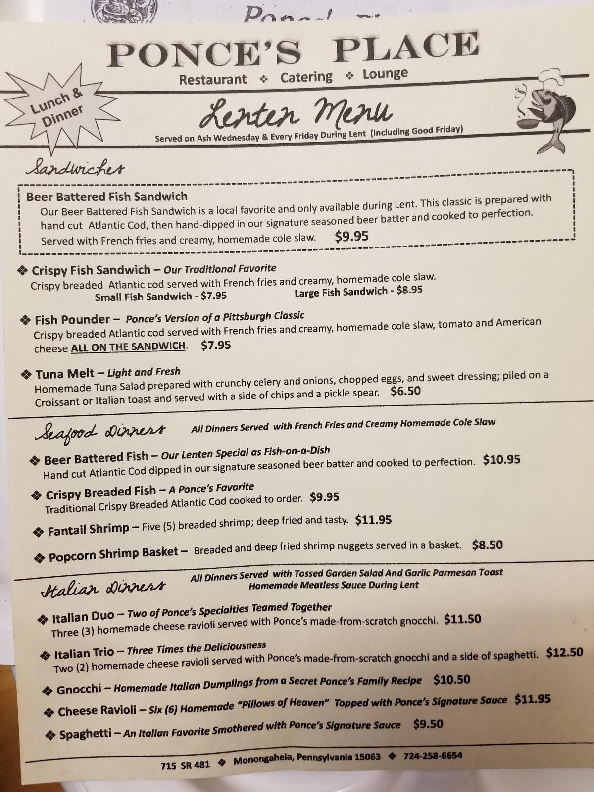Menu at Ponce's Place restaurant, Monongahela