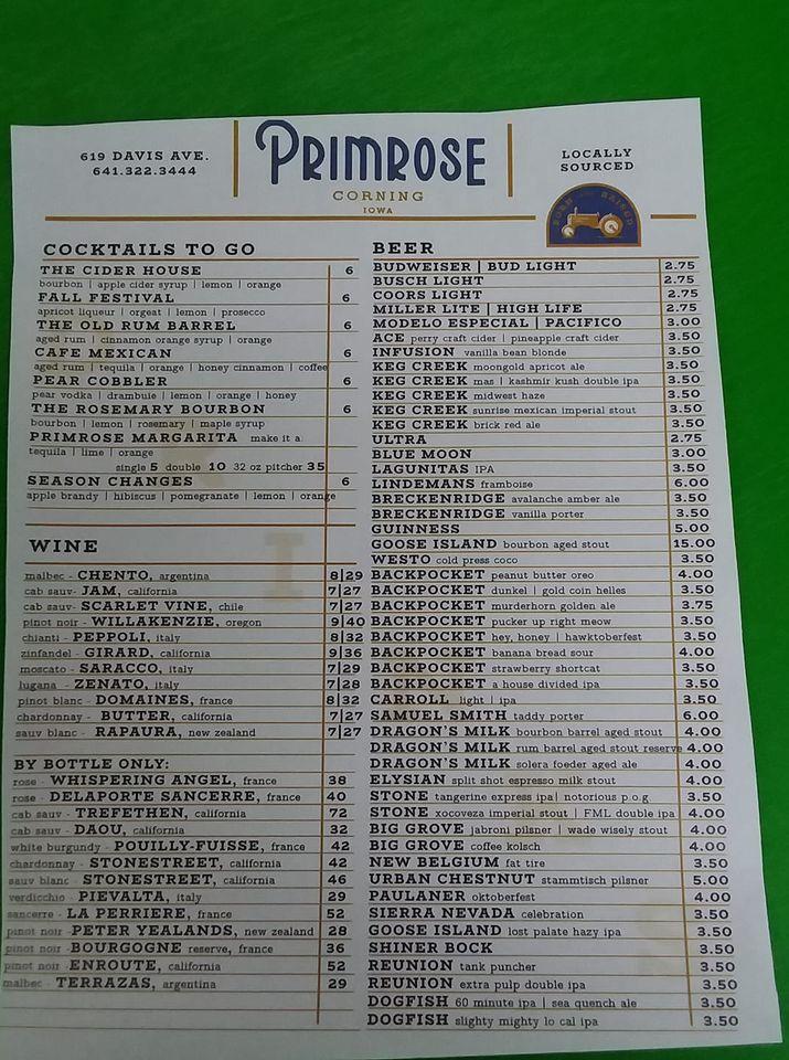 Menu at Primrose pub & bar, Corning