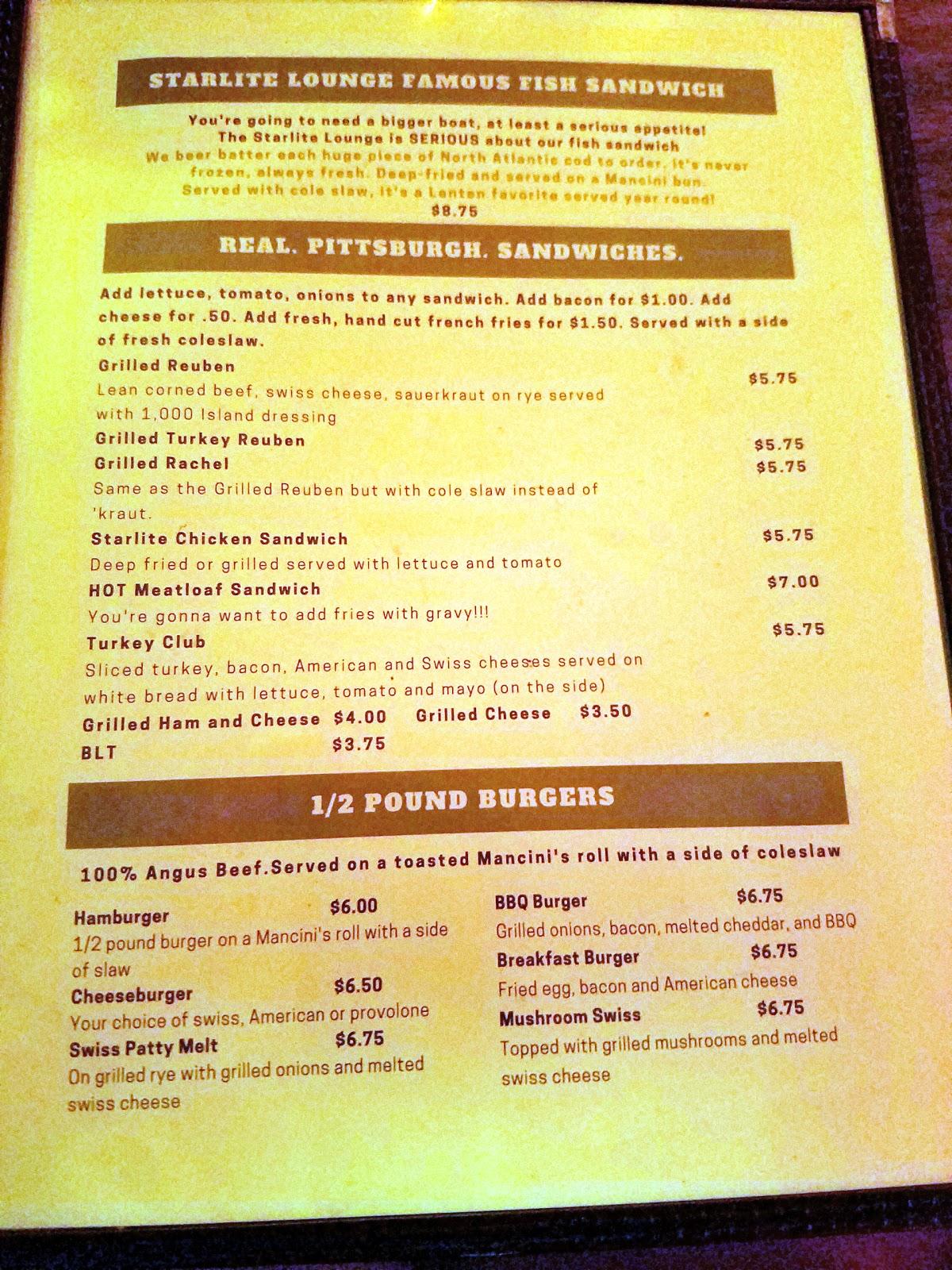 Menu at Starlite Lounge pub & bar, Blawnox, 364 Freeport Rd