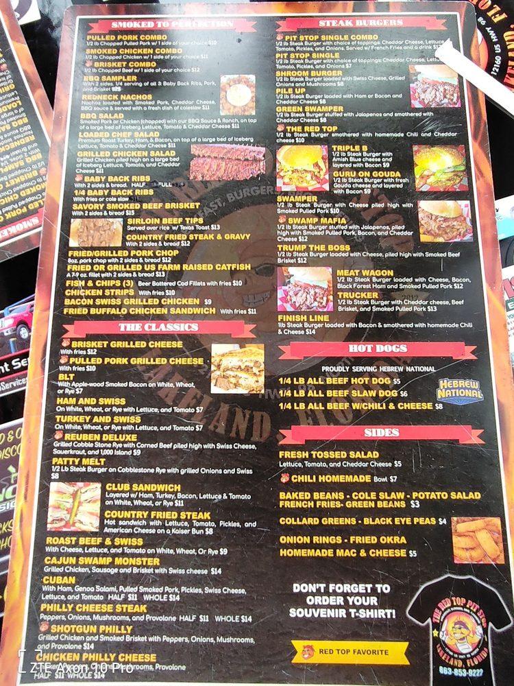 Menu at The Red Top Pit Stop BBQ, Lakeland, US Hwy 98 N