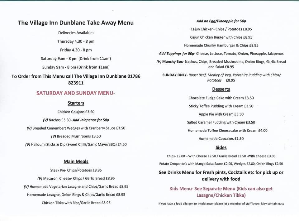 Menu at The Village Inn & Caterers and Ale House pub & bar, Dunblane