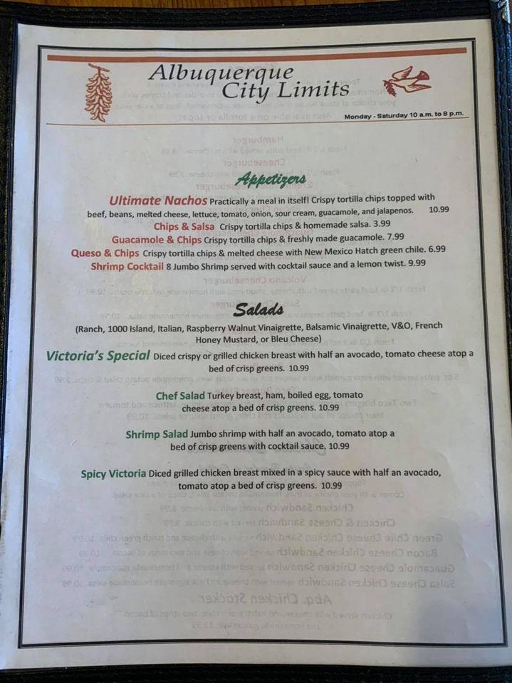 Menu at Albuquerque City Limits Restaurant, Albuquerque
