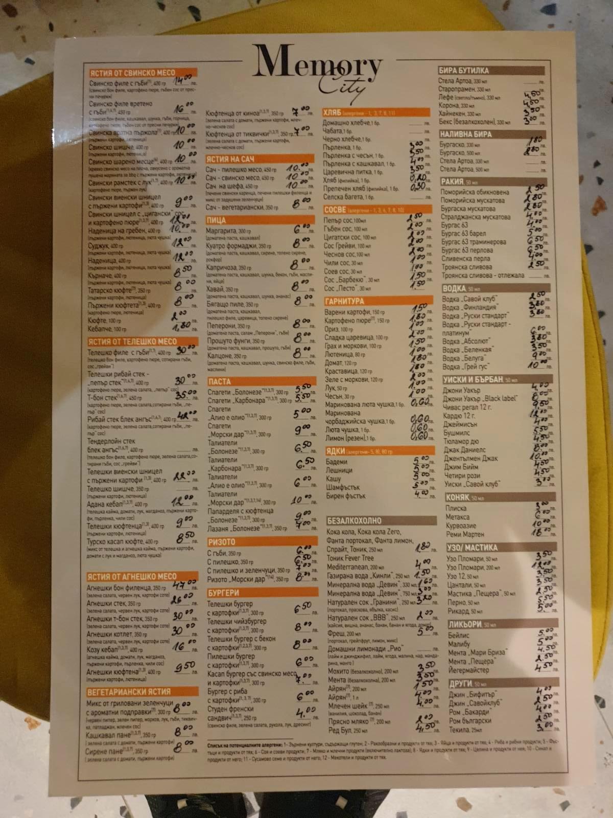 Menu at Memory City restaurant, Nessebar