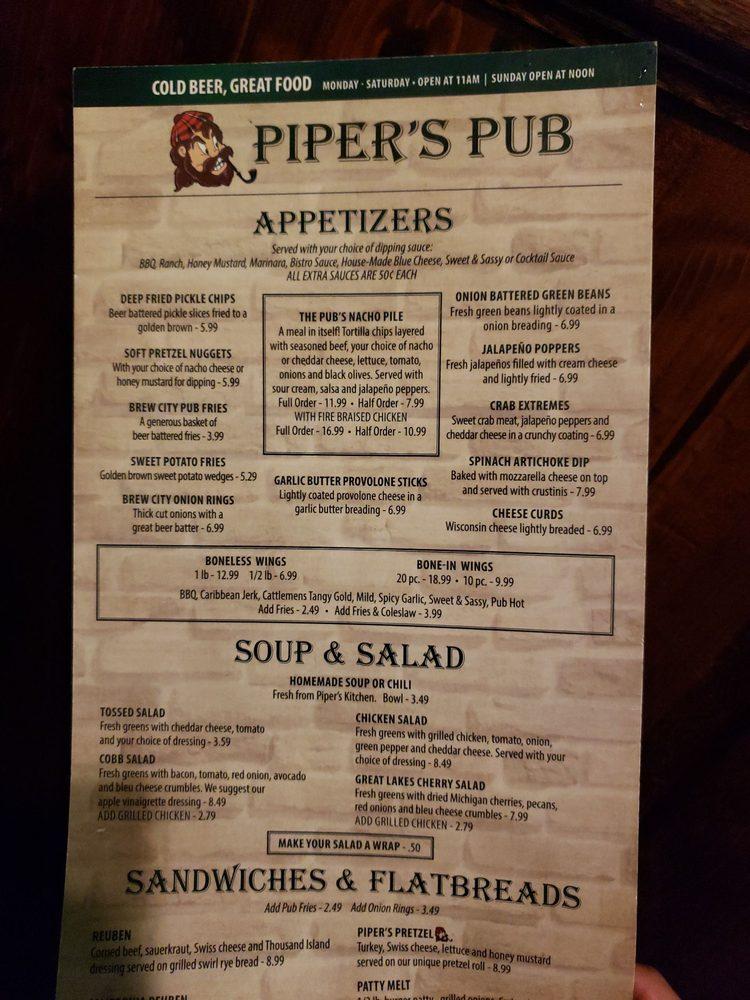 Menu at Piper's Pub, Gladwin