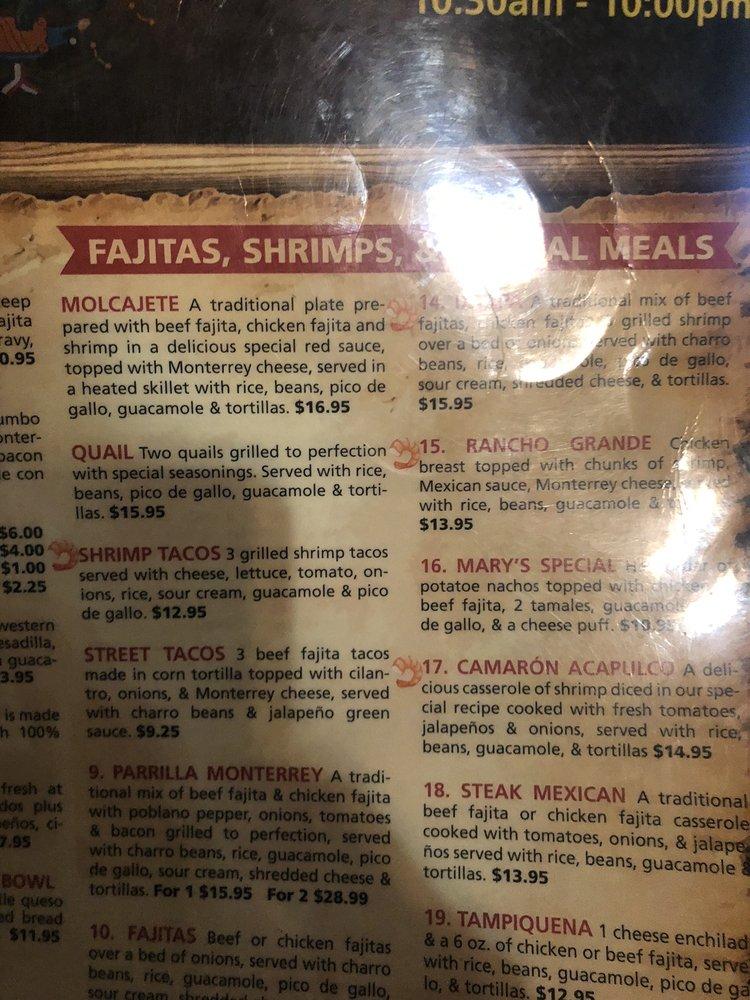 Menu at Rancho Grande Mexican restaurant, Center