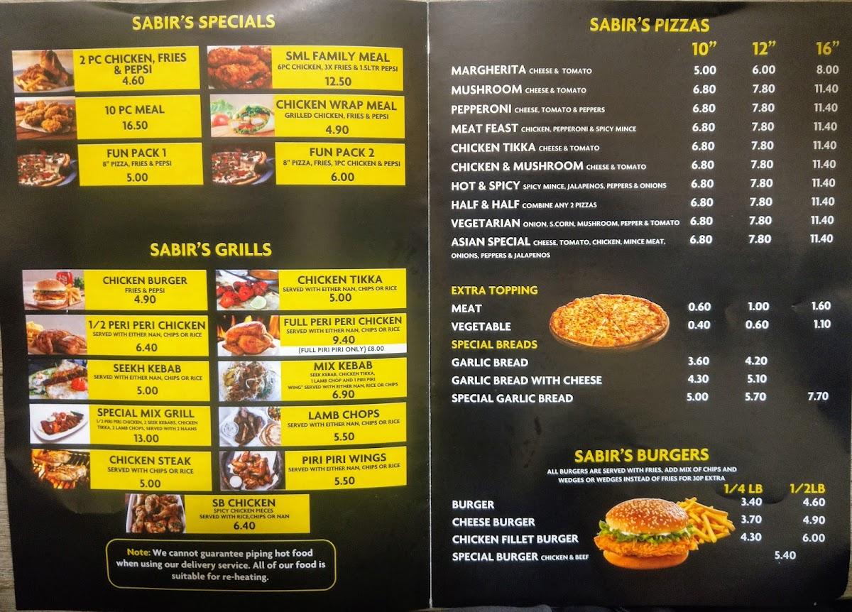 Menu at Sabirs fast food, Rotherham, 36 Westgate