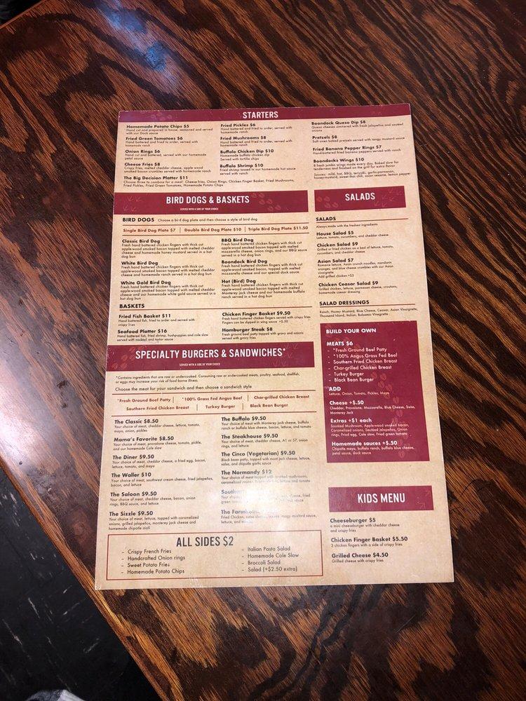 Menu at The Boondocks restaurant, Anderson, North Highway 81 Iva