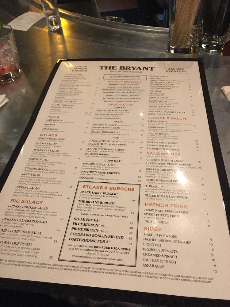 Menu at The Bryant restaurant, Huntington Station