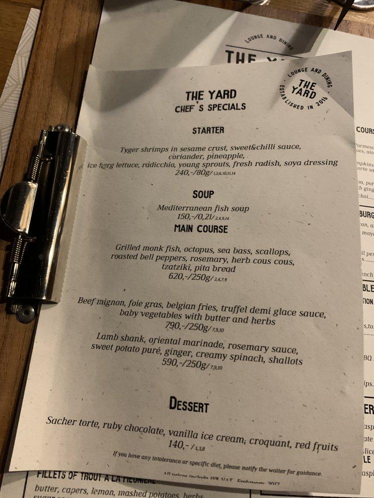 Menu at The Yard restaurant, Brno