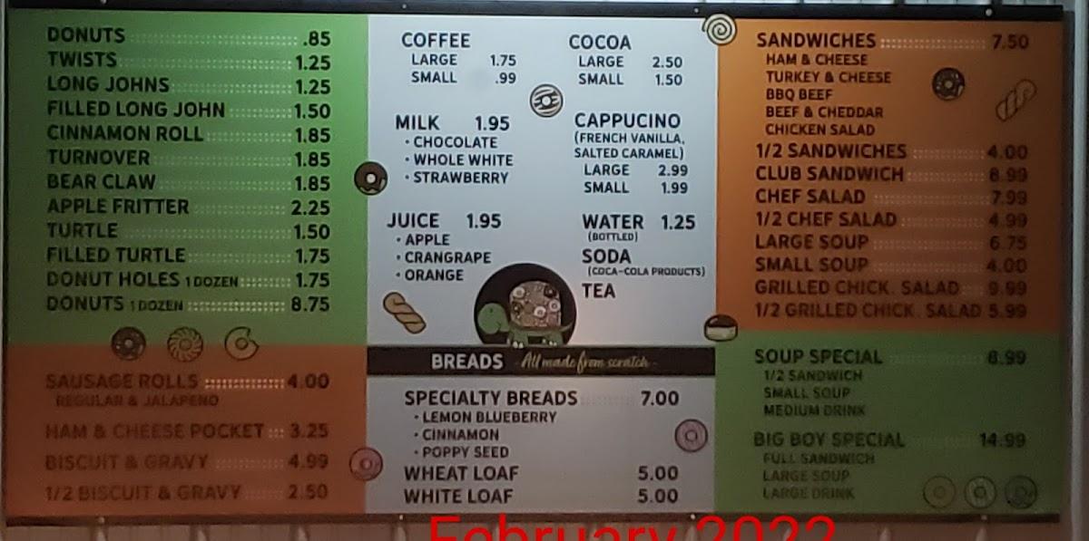 Menu at Turtle's Donut Shoppe restaurant, Ponca City