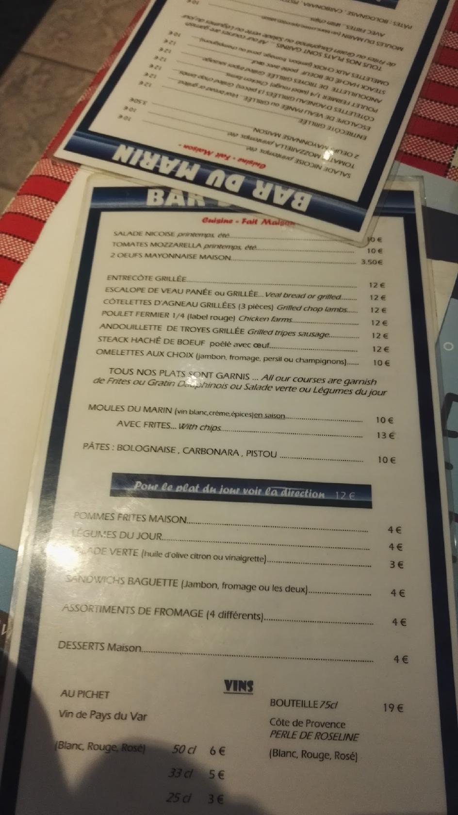 Menu at Bar du Marin, Cannes