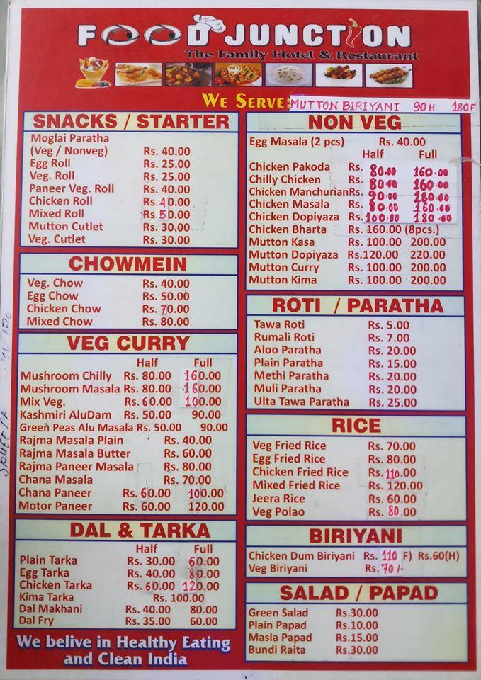Menu at Food junction, Kharagpur