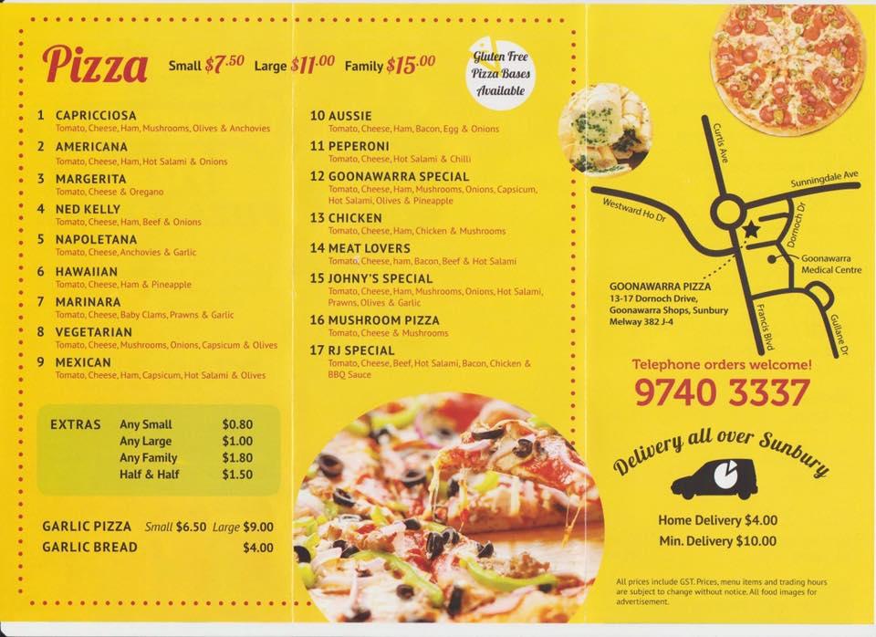 Menu at Goonawarra Pizza pizzeria, Sunbury