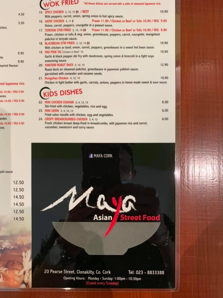 Menu at Maya Asian Street Food restaurant, Clonakilty