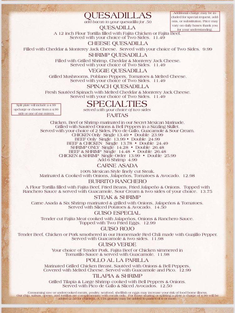 Menu at Toledo's Méxican Grill restaurant, Mustang