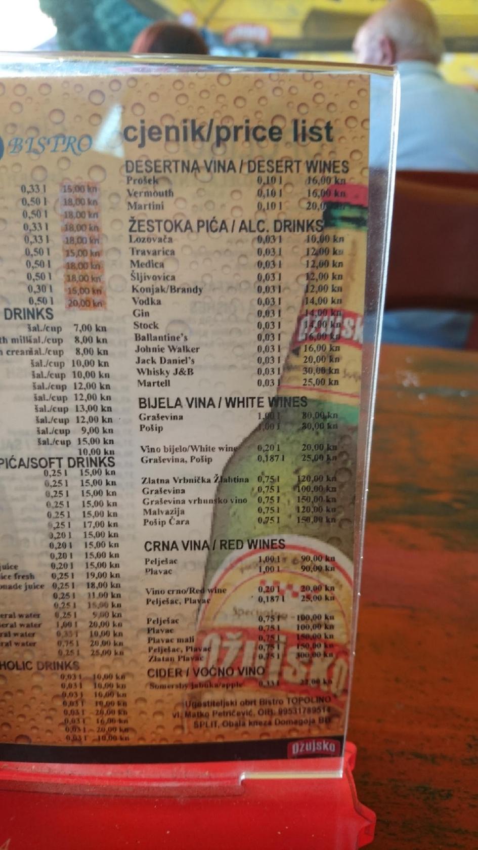 Menu da Bistro Topolino ristorante, Spalato