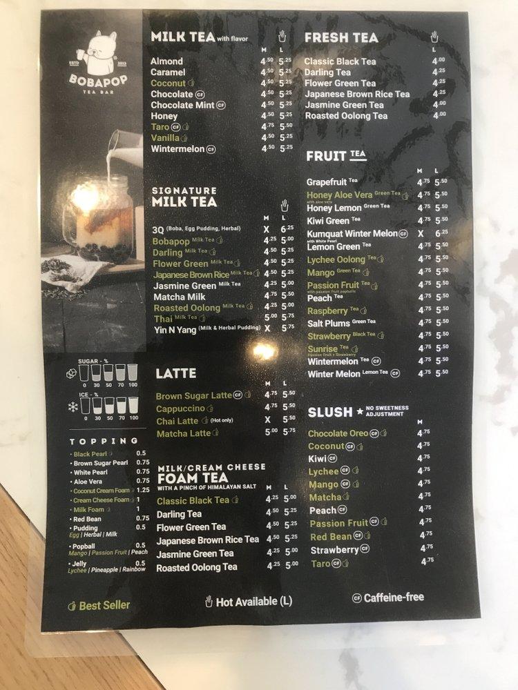 Menu at Bobapop Tea Bar, Germantown