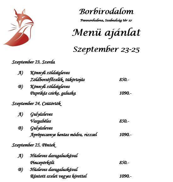 Menu at Borbirodalom Étterem pub & bar, Pannonhalma