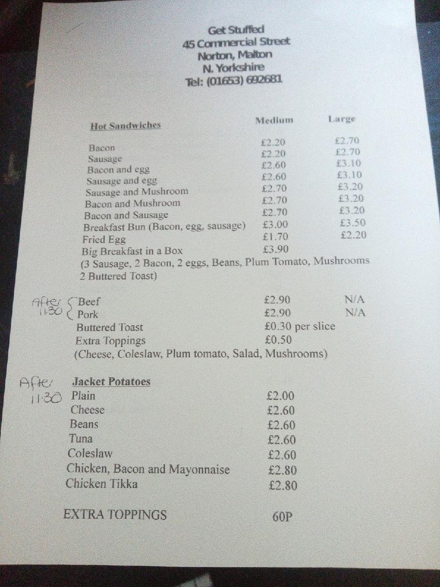Menu at Get Stuffed Sandwich Shop, Malton