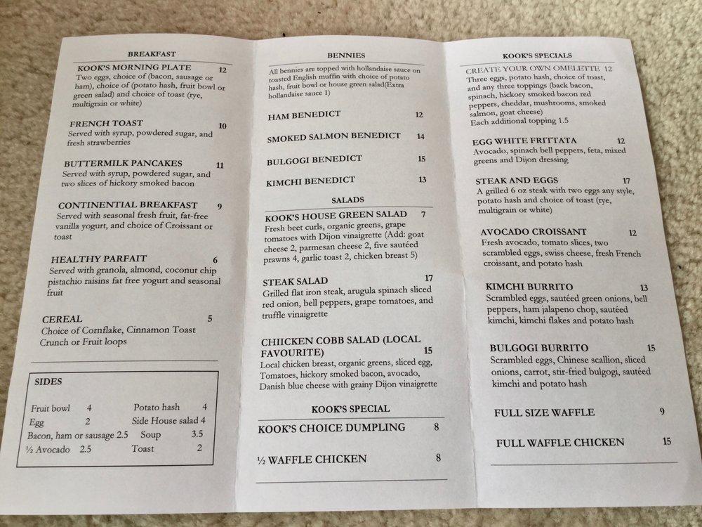 Menu at Kook's Cooks pizzeria, Coquitlam