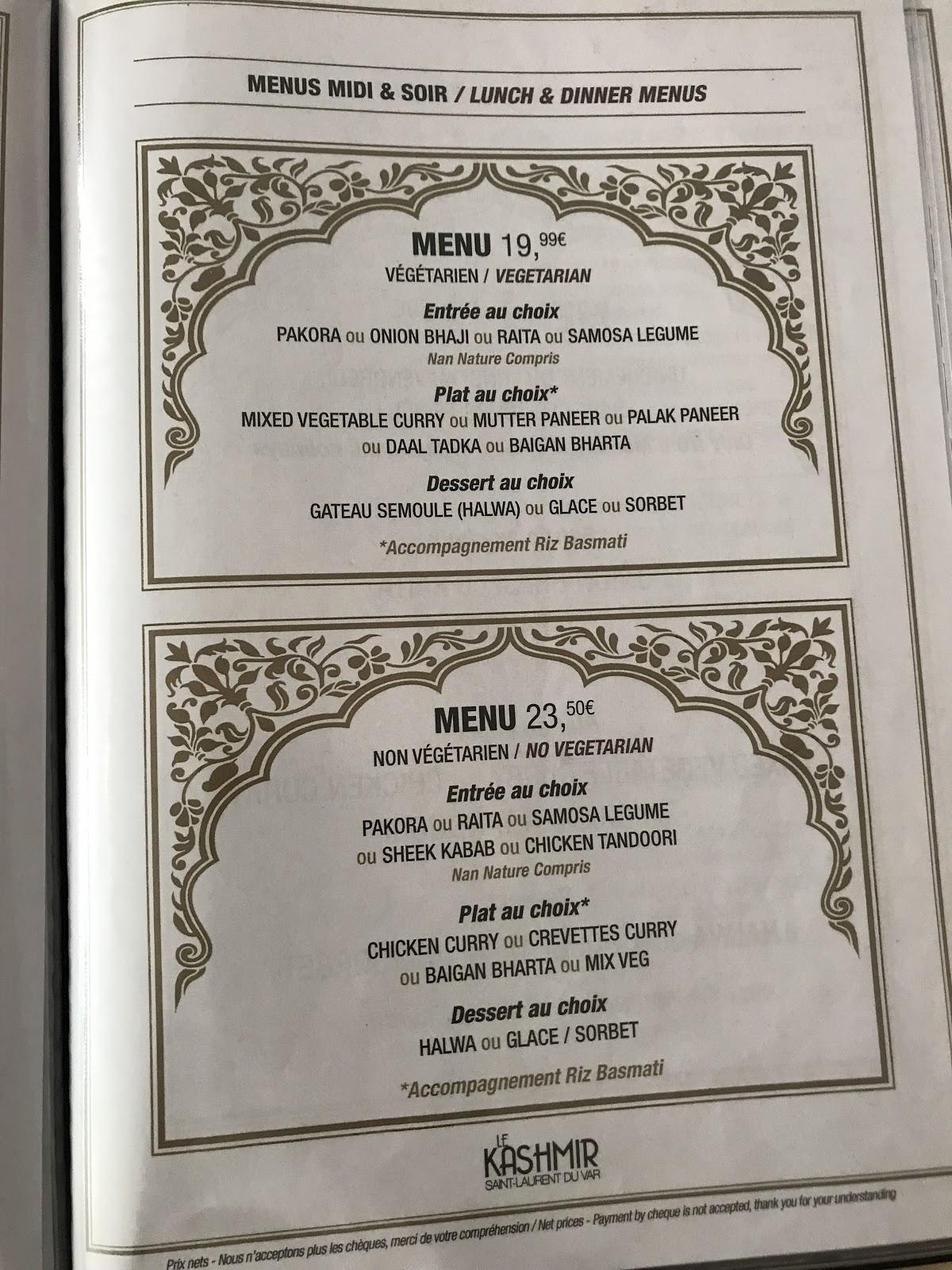 Menu at LE KASHMIR restaurant, Villeneuve-lès-Avignon