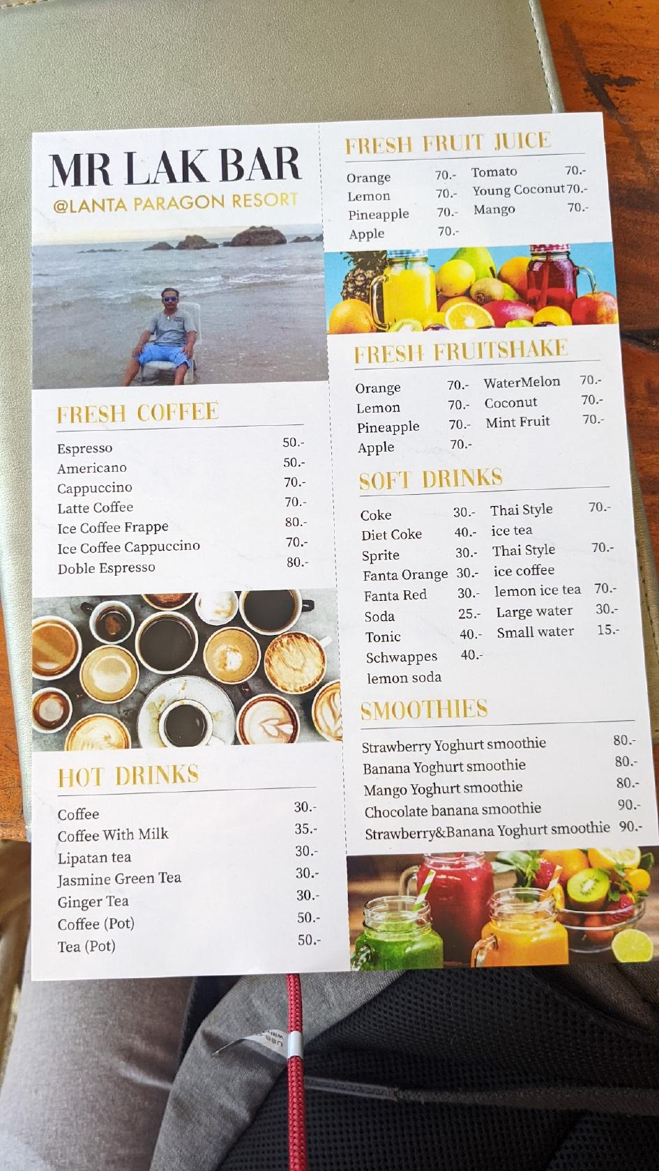 Menu at Mr. Lek Bar, Ko Lanta Yai