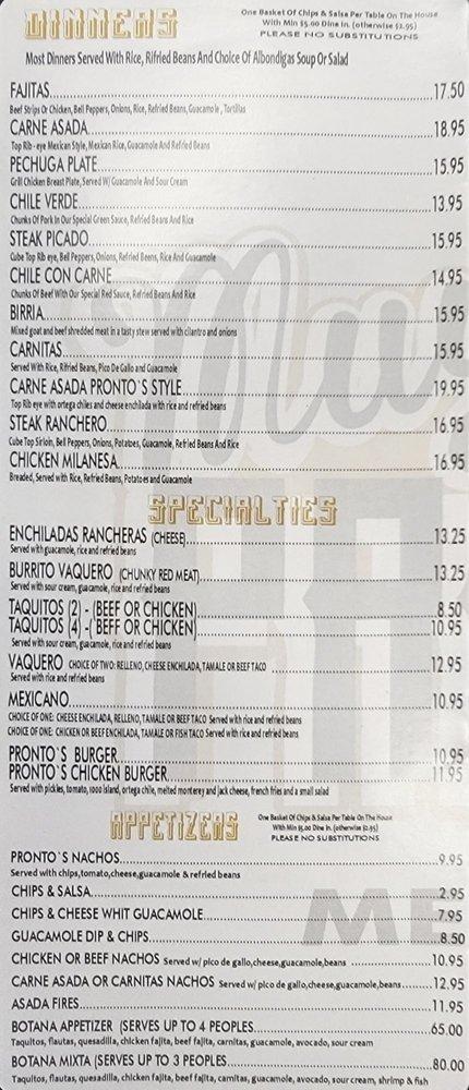 Menu at Muy Pronto's Mexican grill restaurant, Torrance