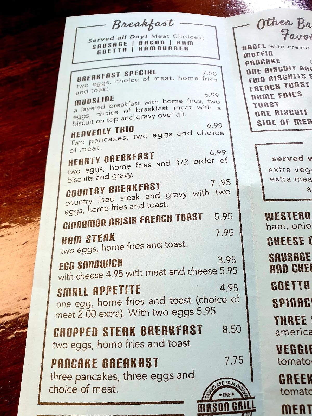 Menu at The Mason Grill restaurant, Mason