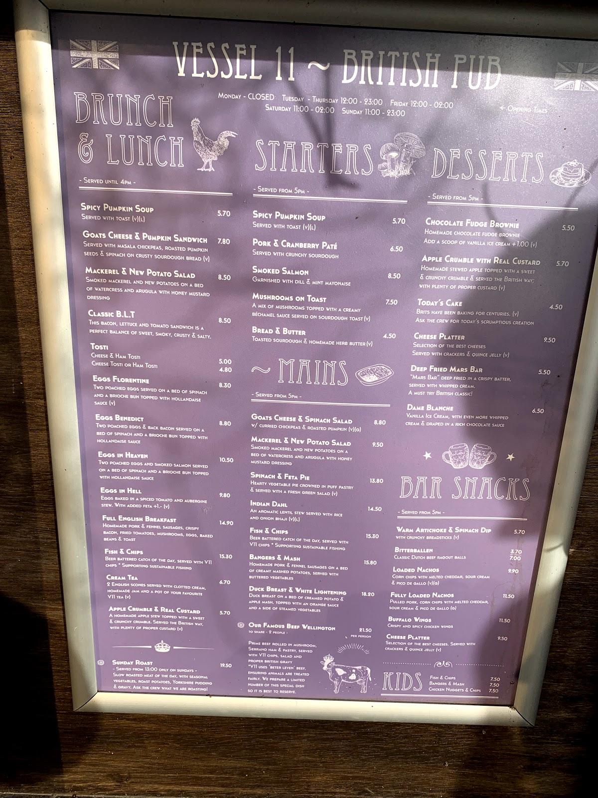 Menu at Vessel 11, Rotterdam