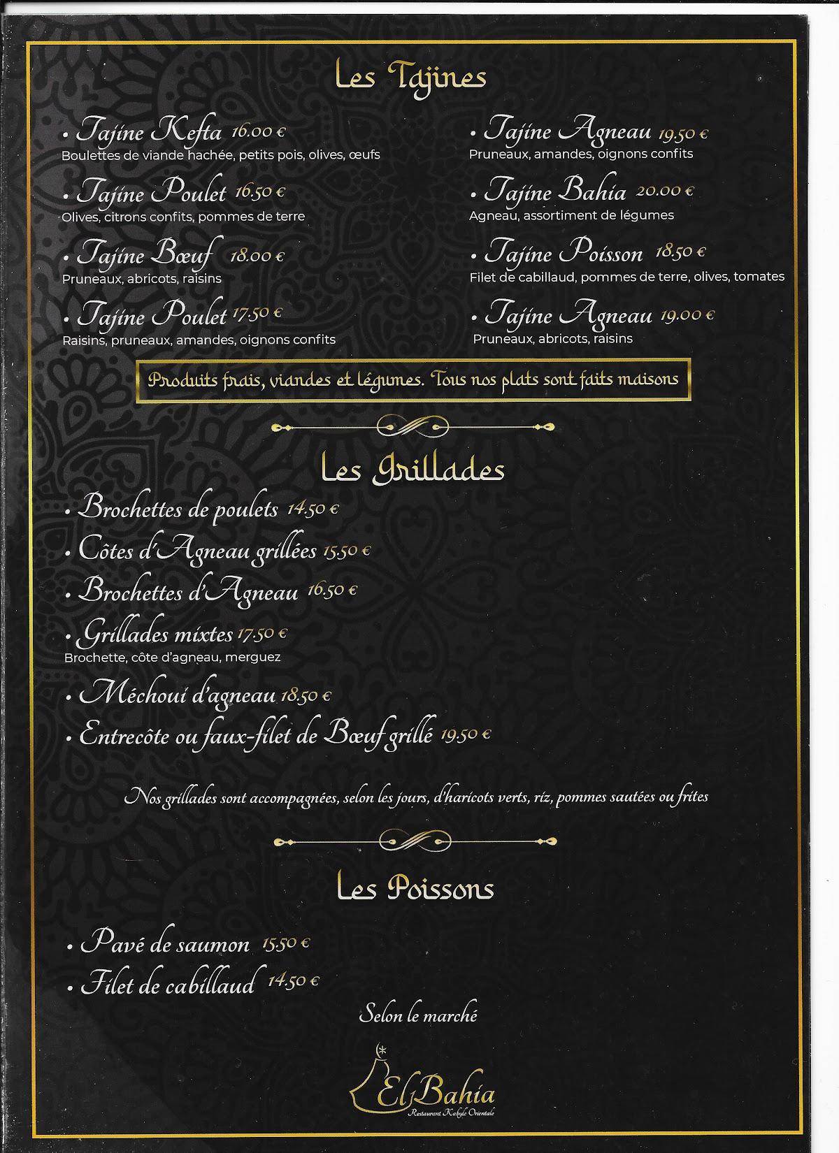Menu au El Bahia Restaurant, Gévezé