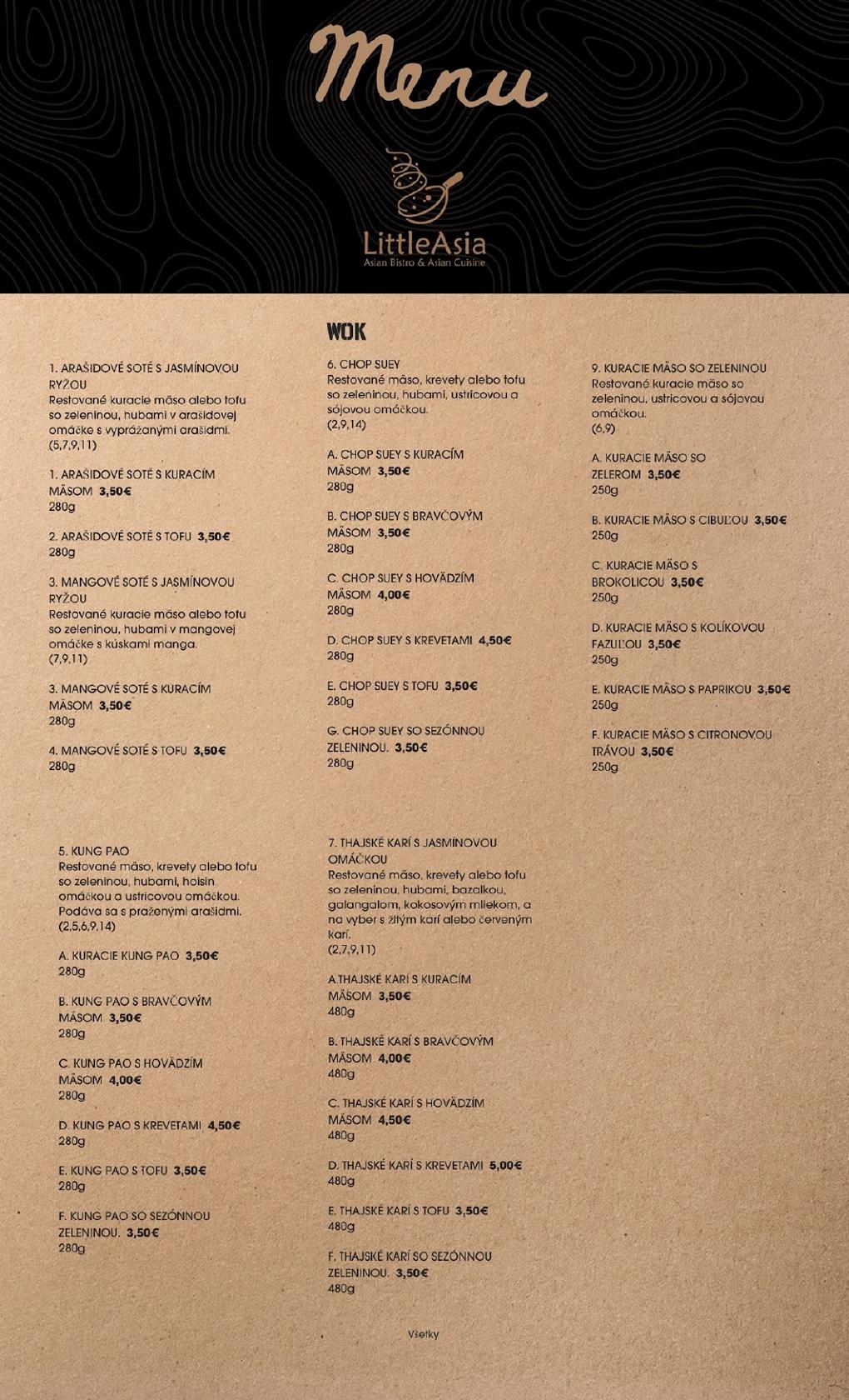 Menu at Little Asia restaurant, Bytča