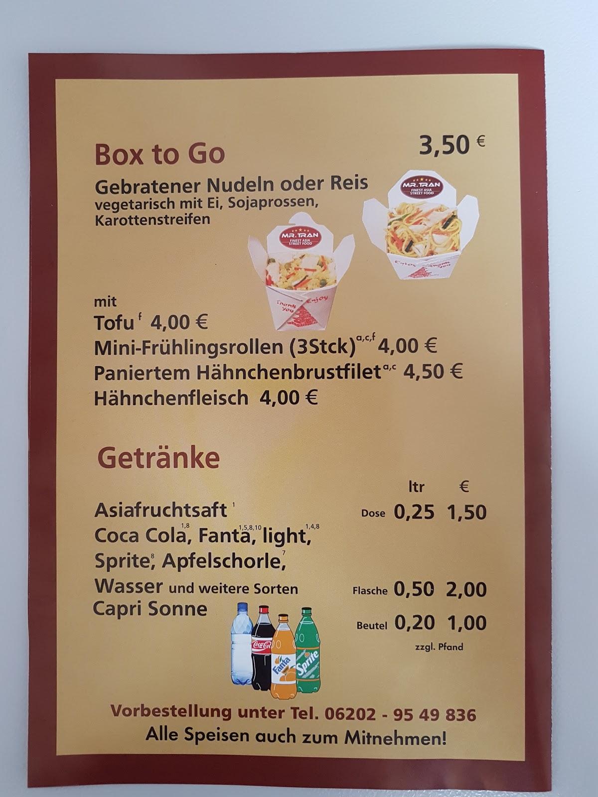 Menu at Mr. Tran restaurant, Schwetzingen