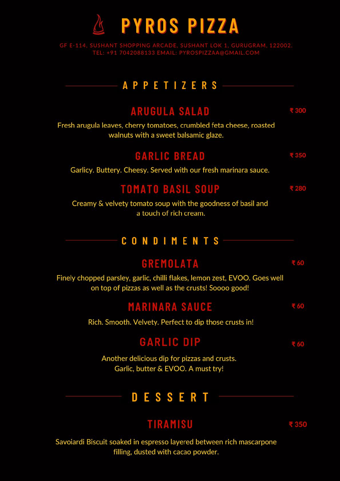 Menu at Pyros Pizza, New Delhi