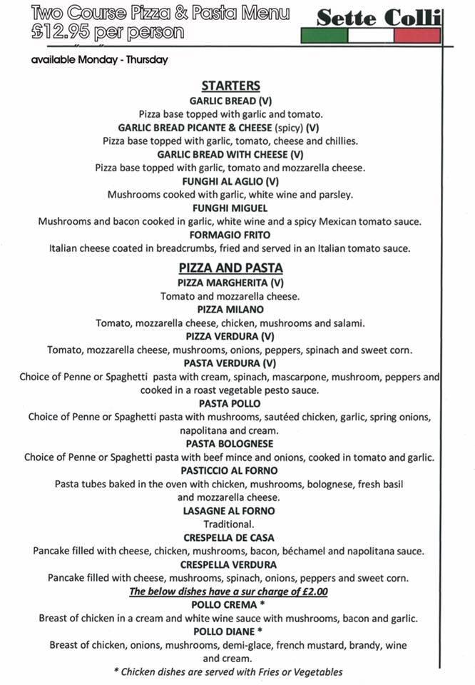Menu at Sette Colli Restaurant, Sheffield
