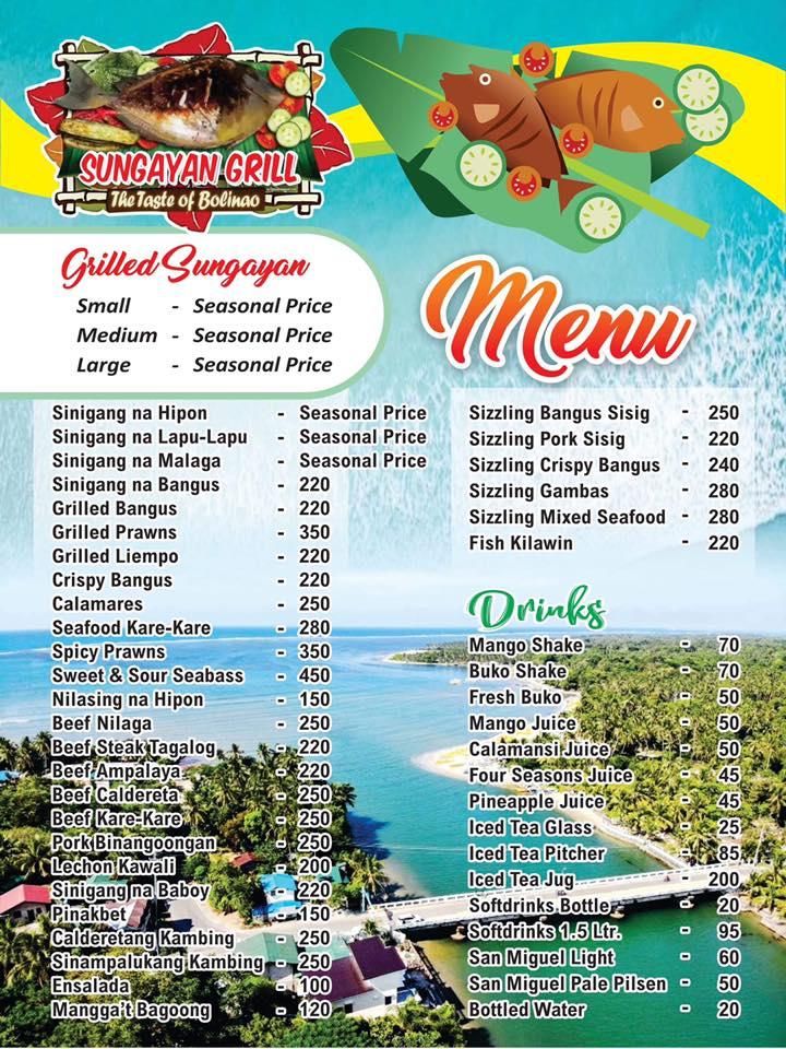 Menu at Sungayan Grill restaurant, Bolinao, 9V34+Q2W