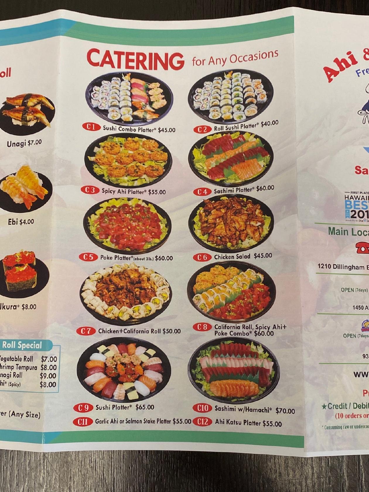 Menu at Ahi and Vegetable - Kapalama restaurant, Honolulu, Dillingham Blvd