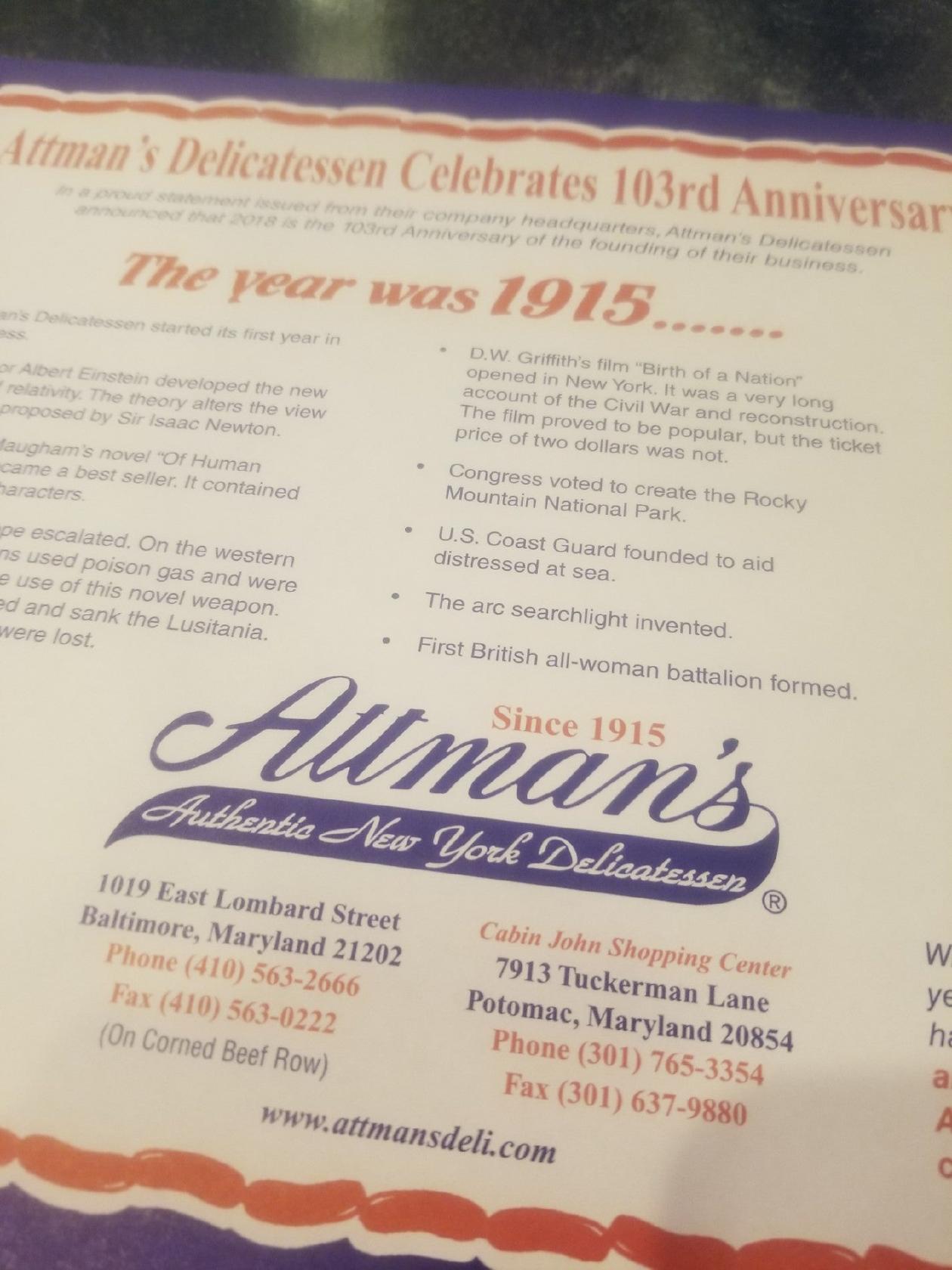 Menu at Attman's Deli, Potomac