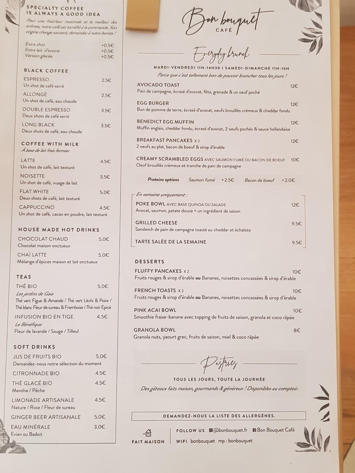 Menu at Bon Bouquet Café, Paris