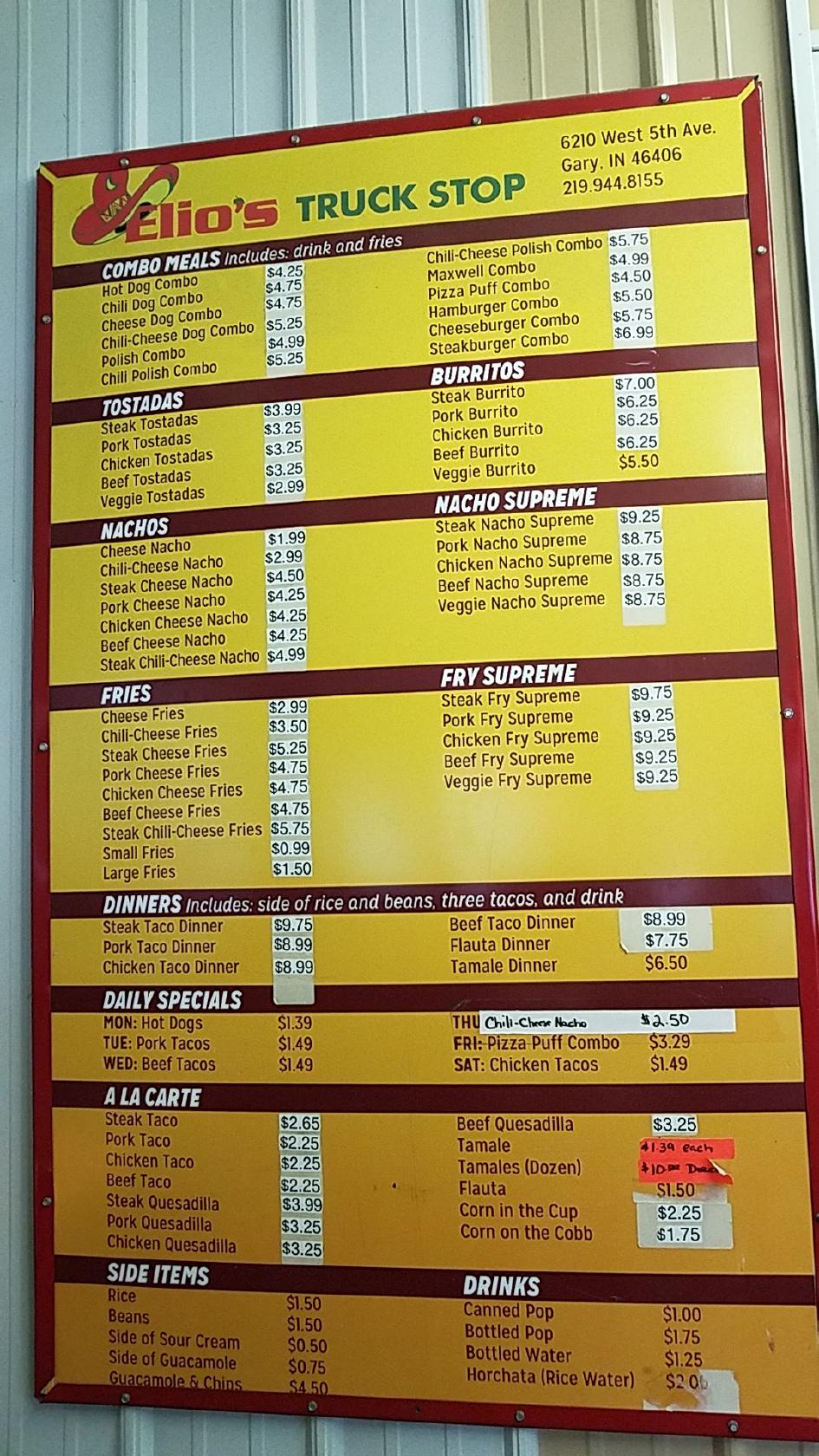 Menu at Elio's Hot Dogs & Mexican Food restaurant, Gary