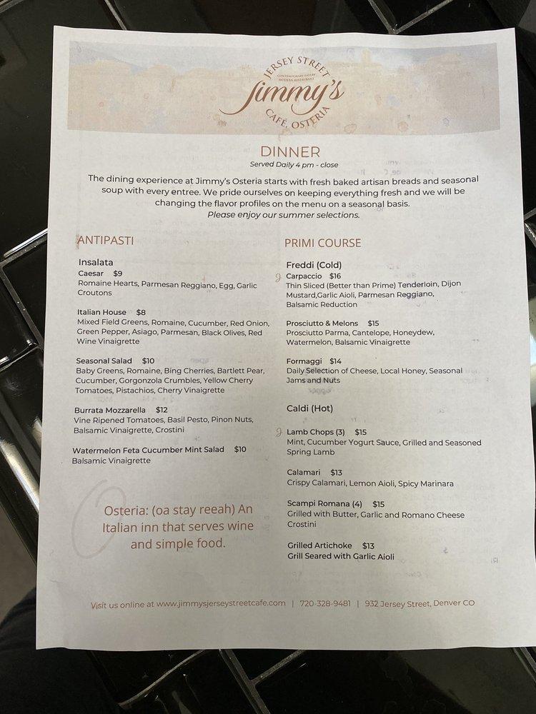 Menu at Jimmy's Jersey Street Cafe, Denver