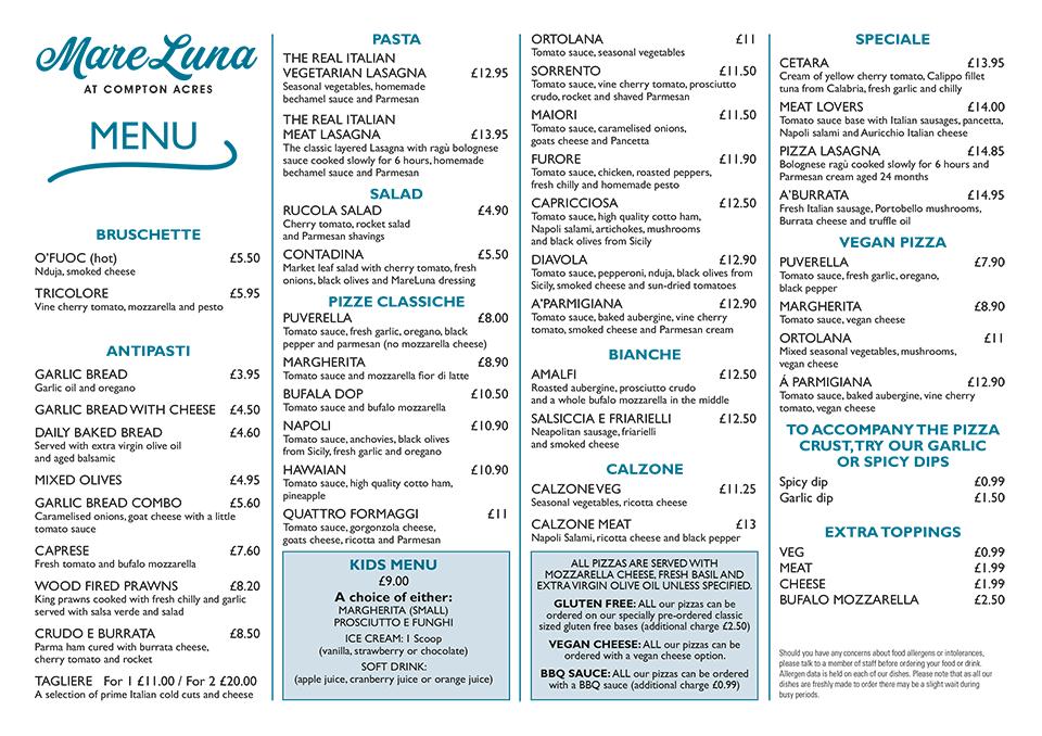 Menu at Mare Luna Pizzeria, Poole