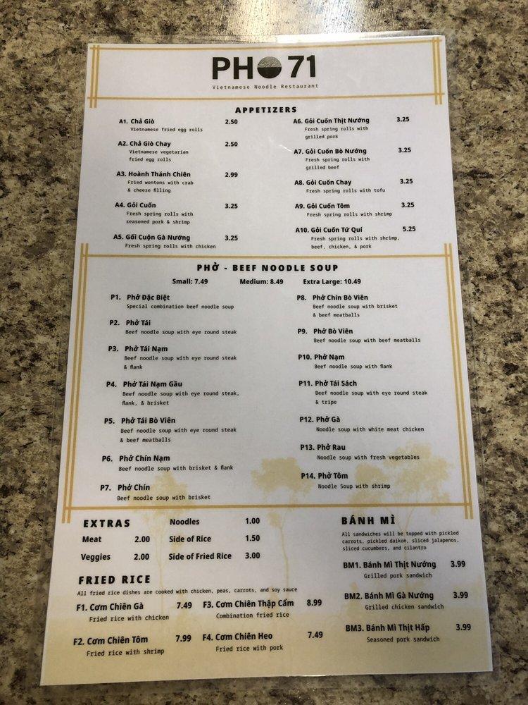 Menu at Pho 71 restaurant, Broken Arrow