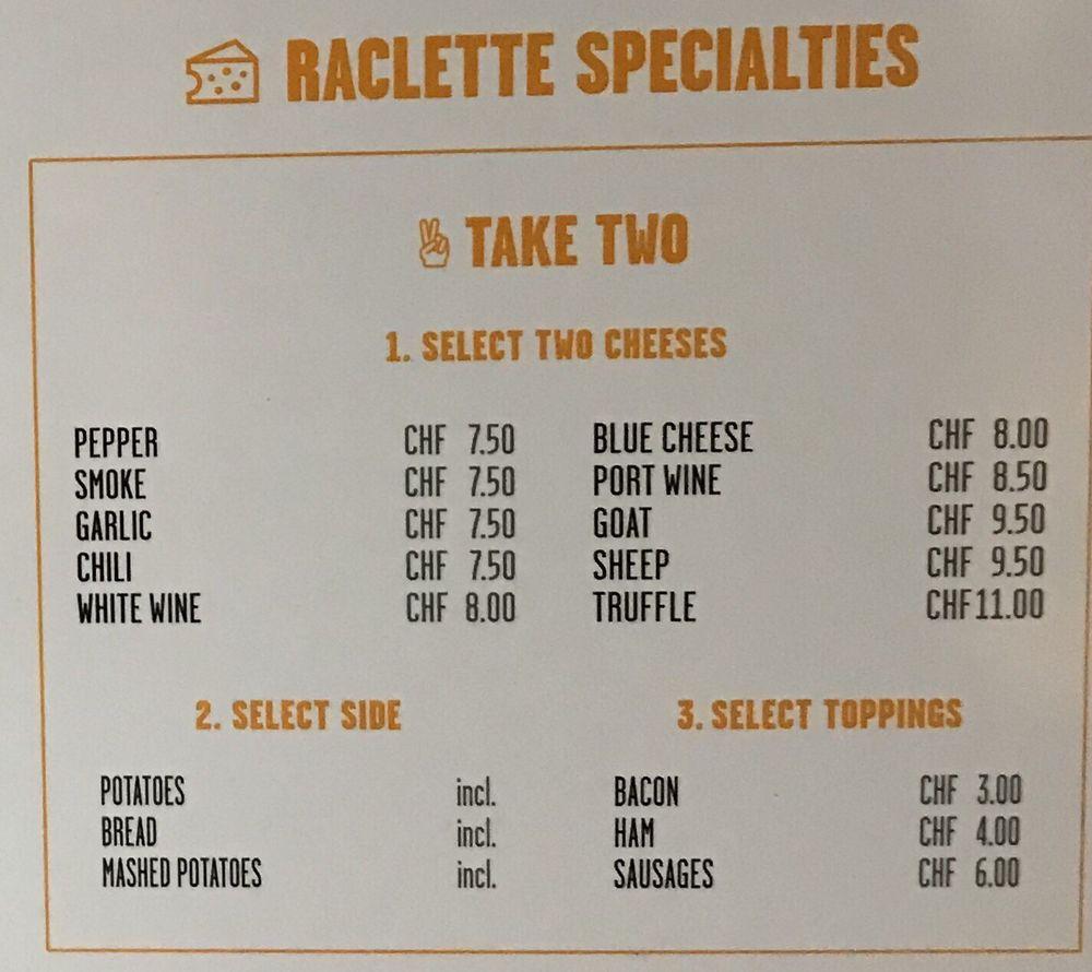 Menu at Raclette Factory, Zürich