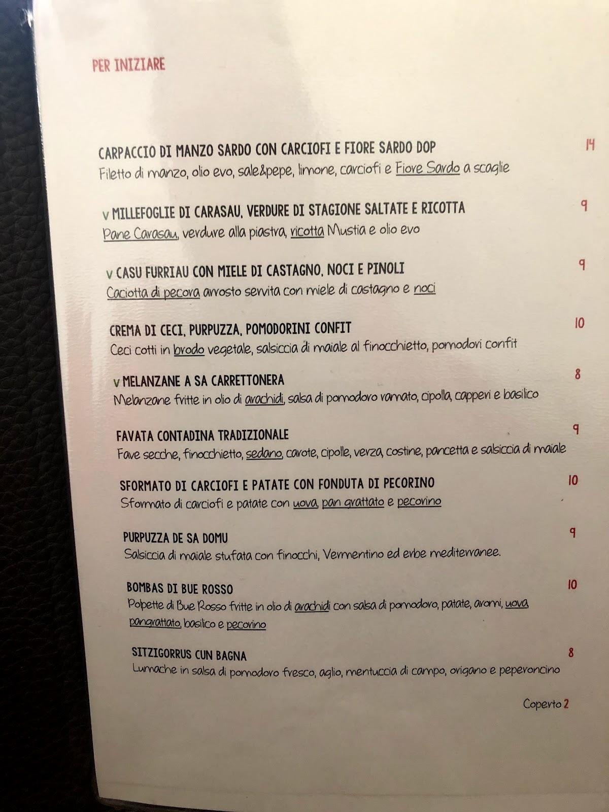 Menu at Sa Domu Sarda restaurant, Cagliari