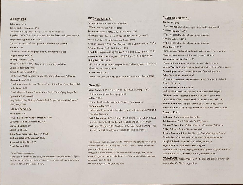 Menu at ARI Sushi restaurant, Cave Creek