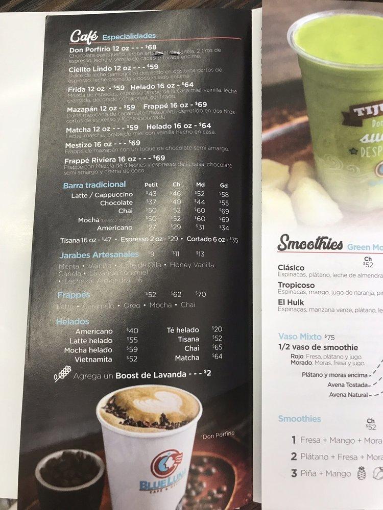Carta de cafetería Blue Luna Santa Fe, Tijuana